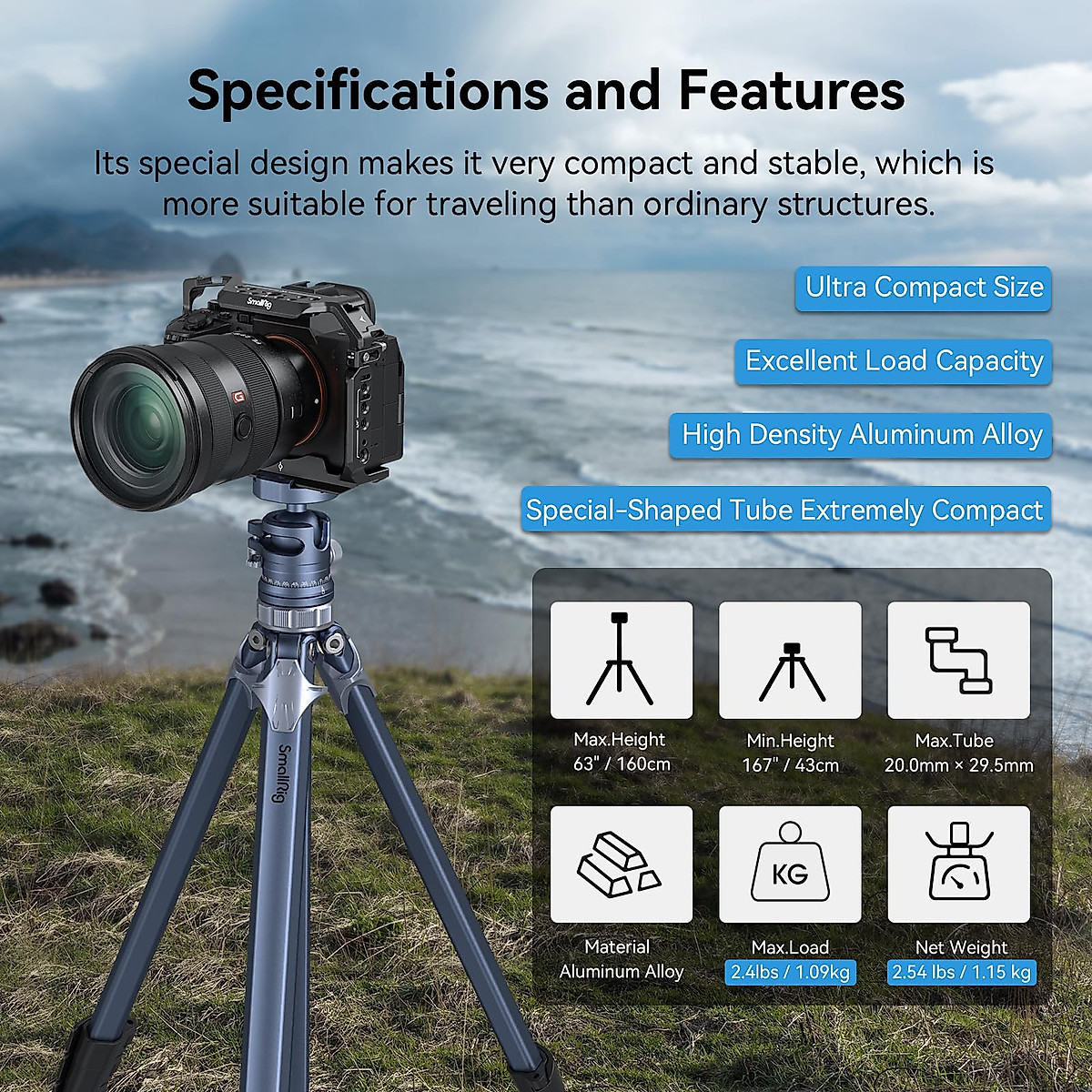 SmallRig AP-02 Lightweight Travel Tripod, 63" Camera Tripod with Compact Unconventional Center Column, 360° Ball Head, QR Plate, Travel Bag, Load up to 17.6 lbs / 8 kg, for Most DSLR Cameras -4222