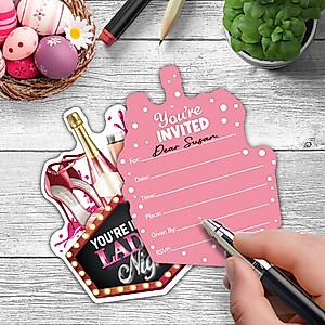 RZHV 15 Pack Pink High Heels & Champagne Shaped Fill-In Invitations Cards With Envelopes for Woman, Funny Birthday Party Mardi Gras New Year Party Costume Party Invite(Ladies Night)
