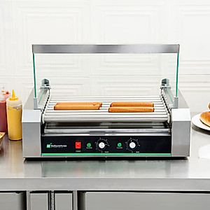 Restaurantware Hi Tek Hot Dog Spinner 1 Curved Glass Sneeze Guard Hot Dog Cooker - Dual Temperature Controls Removable Drip Tray Stainless Steel Hot Dog Roller No-Slip Feet Fits 24 Hot Dogs