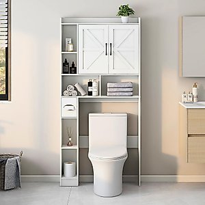 Over The Toilet Storage Cabinet, Farmhouse Storage Cabinet Over Toilet with 2 Barn Door & Toilet Paper Holder Stand，Home Space-Saving Toilet Rack, for Bathroom, Restroom, Laundry