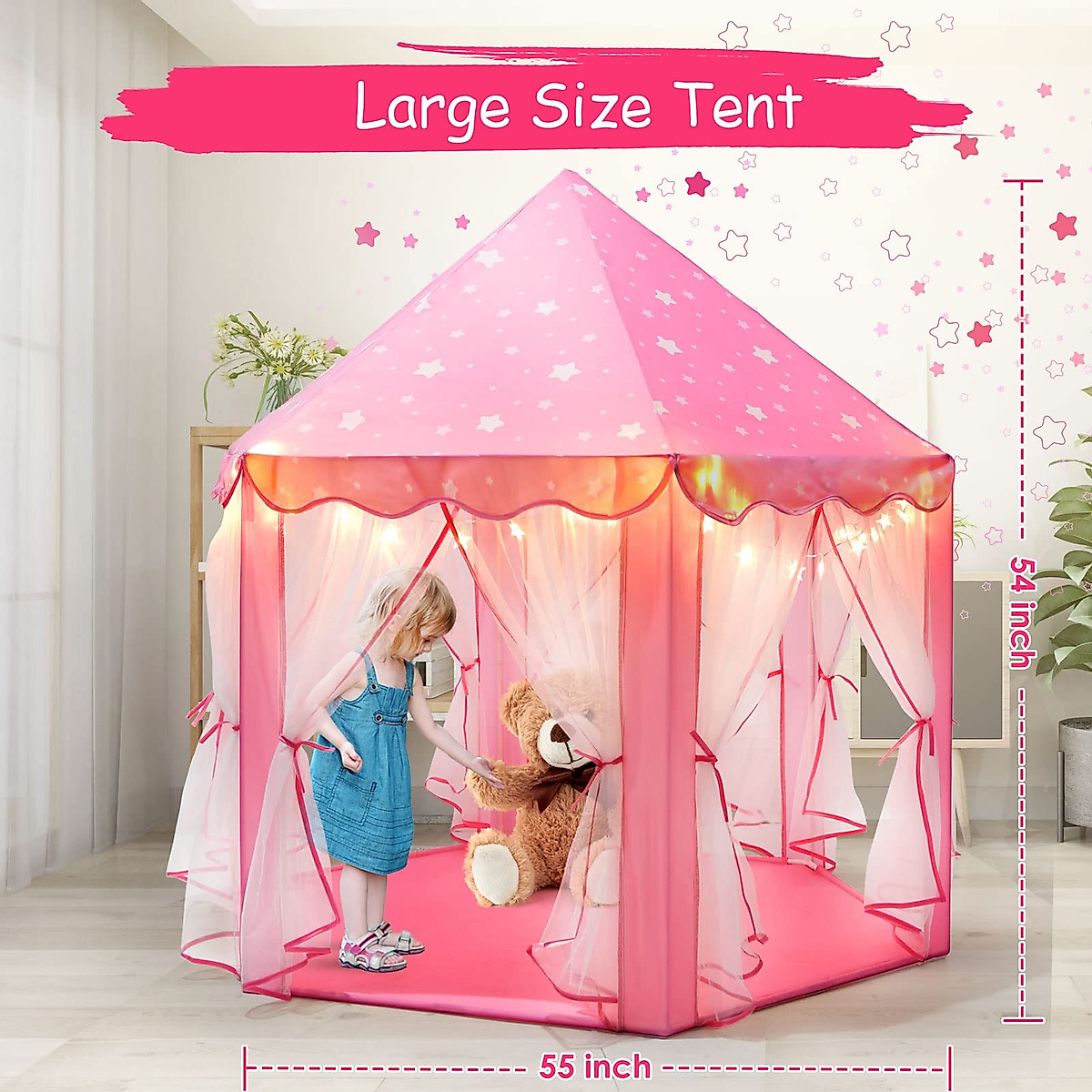 ALPRANG Princess Castle Play Tent Girls Tents Indoor Playhouses with Star Lights Girls Boys Toys for Indoor Outdoor Games Large Size Pink 55'' X 54'' (DxH) (PT-01)