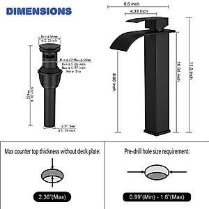 Bathfinesse Vessel Sink Faucet Waterfall Bathroom Faucet Matte Black Stainless Steel Tall Single Handle One Hole Deck Mount Bowl Vanity Sink Faucet with Pop-up Drain Stopper