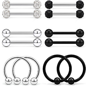 Lcolyoli 12Pcs Tongue Ring 16G Nipple Ring Surgical Steel Nipplerings Barbell Bar Hoop Rings Piercing Jewelry for Women Men 12MM Silver-tone Black