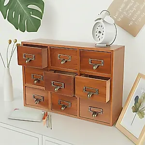 Vintage Apothecary Cabinet 9 Drawers Wooden Drawer Organizer for Desktop Traditional Solid Wood Small Chinese Medicine Cabinet Tea Storage Organizer