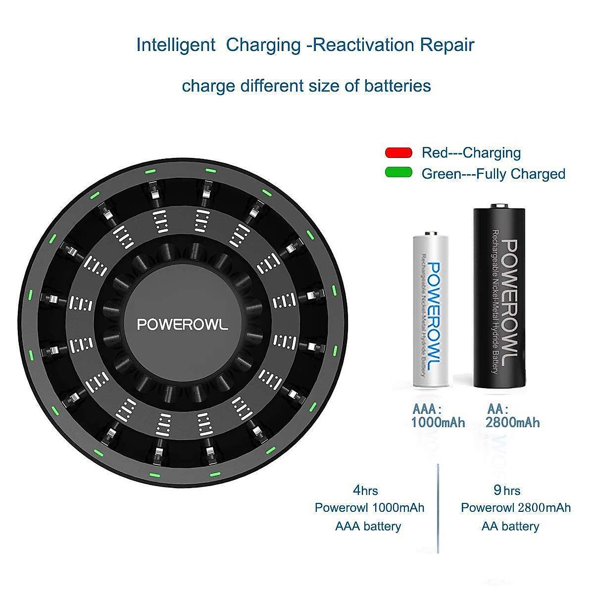 POWEROWL 16 Bay AA AAA Battery Charger (Updated, High Speed Charging) with Smart LED Light and Plug, Rechargeable AA Batteries 2800mAh -12 Count, for Solar Garden Lights, Battery String Lights, Outdoo