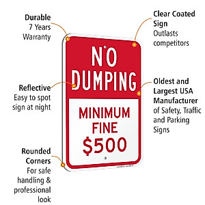 SmartSign No Dumping Minimum Fine 500 Sign - 2 Pack, 18 x 12 inch, 2mm Aluminum Composite, Pre-Drilled Holes, Red and White, Made in USA