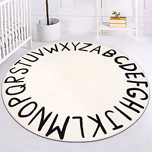 LIVEBOX ABC Play Room Round Kids Rug Circle for Playroom, Learning Nursery Rug Alphabet Washable Rug for Baby Boy and Girl Bedroom, Non-Slip Educationa Carpet for Toddlers (59",Black,Beige)