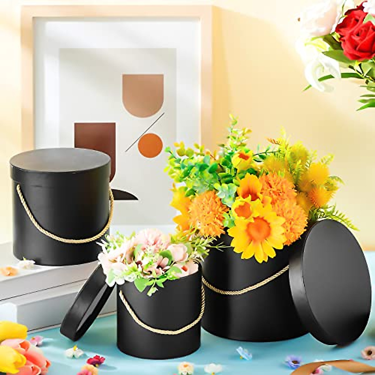 Skylety 6 Pcs Round Flower Boxes with Lids Nesting Gift Boxes with Handle for Flowers Arrangement Assorted Sizes for Mother's Day, Bridesmaid, Wedding, Birthday, Baby Shower(Black)