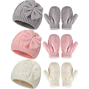 SATINIOR 6 Pieces Baby Winter Hats Infant Winter Warm Knitted Hat Gloves Set Toddler Beanie Mitten Gloves Set Newborn Baby Classic Beanie Warm Knitted Hats with Bow, Gray, White and Pink
