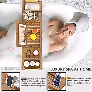Bathtub Tray Bath Caddy Tray for Tub - Expandable Board and Book Stand Premium Leather Grip and Non-Slip Pat for Luxury Bath Bamboo Bathtub Table Tray for Home Spa and Gift Choice (Walnut)