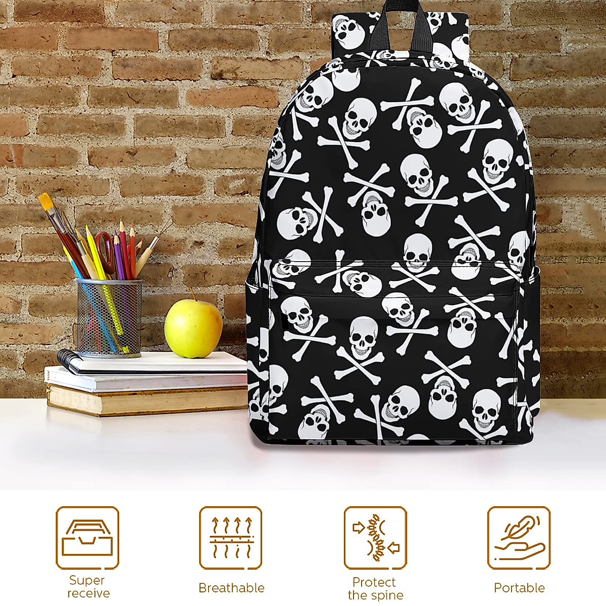 Ridzorgt Skull and Bones Backpack - Multi-Pocket Bookbag Travel Book Bags Casual Daypack Durable Lightweight Bag for Laptop