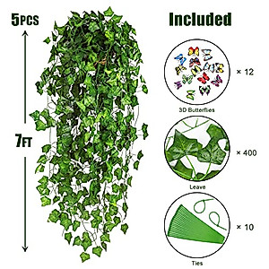 Fascidorm 5Pcs 35Ft Fake Vines for Bedroom with 12Pcs 3D Butterflies, Fake Ivy Vines for Room Decor with Fake Leaves, Artificial Greenery Ivy Garland for Wall Decor, Hanging Green Plant