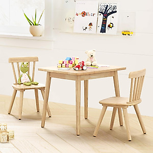 Curipeer Windsor Kids Table and 2 Chair Set, Rubberwood Toddler Table and Chair Set for Art, Play, Craft, Activity, Children Table with Non-Slip Legs/Round Edge Design, Natural Wood