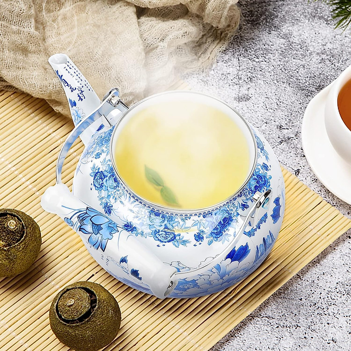 Enameled Teakettle, stove top kettle,Retro Decor Enameled Teakettle,Colorful Hot Water Tea Kettle,Ceramic Teapot Ceramic Enamel Teapot Tea Kettle Blue and White Porcelain Large Enameled Teakettle for