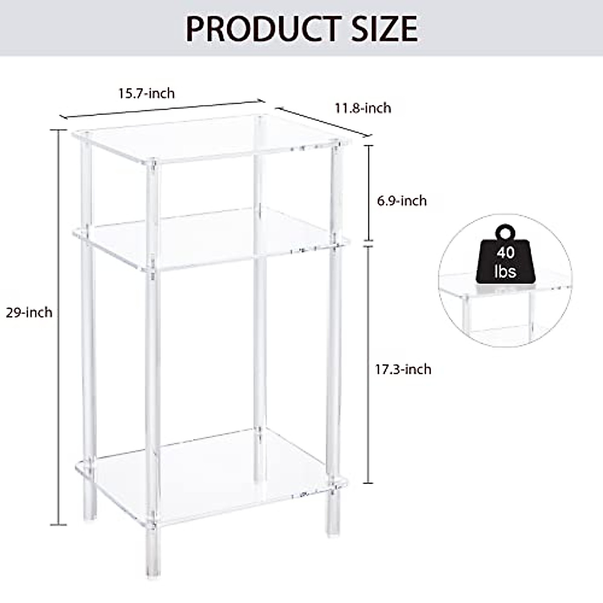 Aquiver Acrylic Tall Side Table - 3 Tiers Small End Table Clear Nightstand Bedside Table for Living Room, Bedroom - 15.7 '' L x 11.8 '' W x 29 '' H