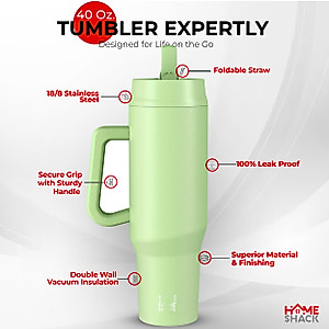 HOMESHACK 40 oz Tumbler with Handle and Foldable Straw Lid - Leakproof Insulated Stainless Steel Water Bottle - Hot & Cold Beverage Travel Mug - Reusable Iced Coffee Cup - Cupholder Friendly - Gift