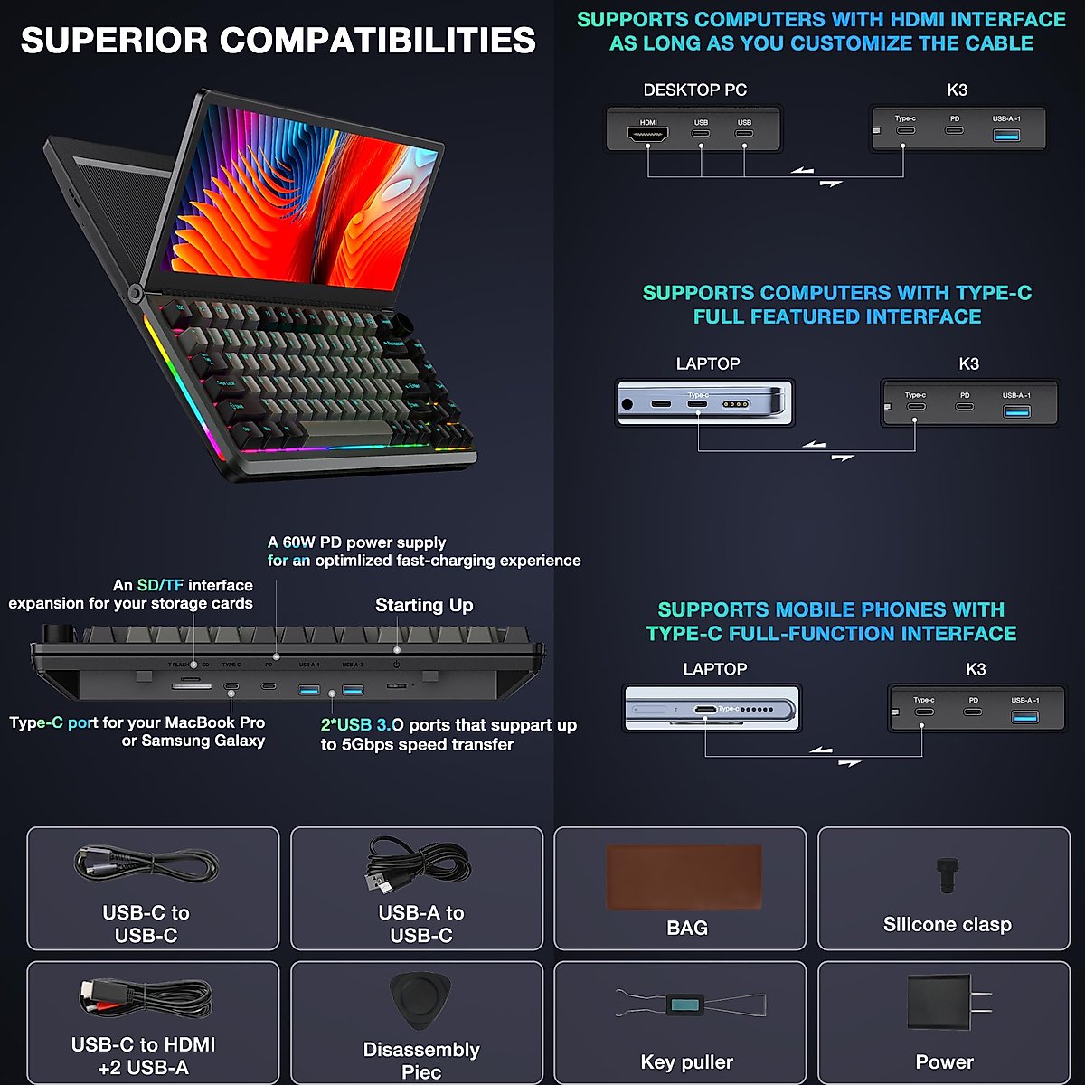 Kwumsy K3 Touchscreen Gaming Mechanical Keyboard - 82 Keys Portable USB Wired RGB LED Backlit N-Key Compact Keyboard, Keyboard With 13" Foldable 0-90 Degree Portable Screen, Plug and Play for Wins Mac