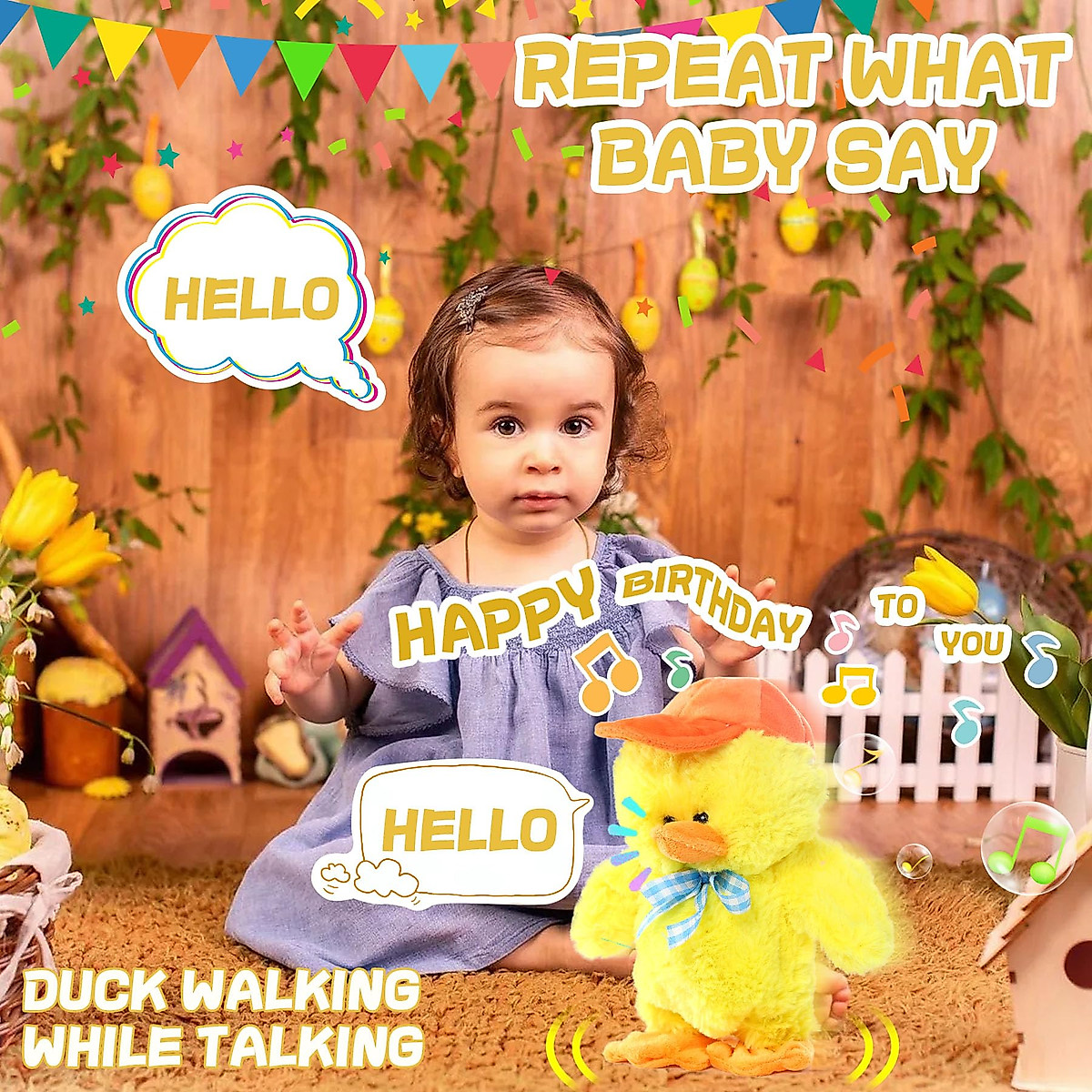 LUKETURE Easter Duck Toys for 1-3 Toddlers – Talking Toy That Repeats What You Say, Dancing Walking Baby Crawling Yellow Duck Singing 30 Songs, for 1 Year Old Girl Birthday