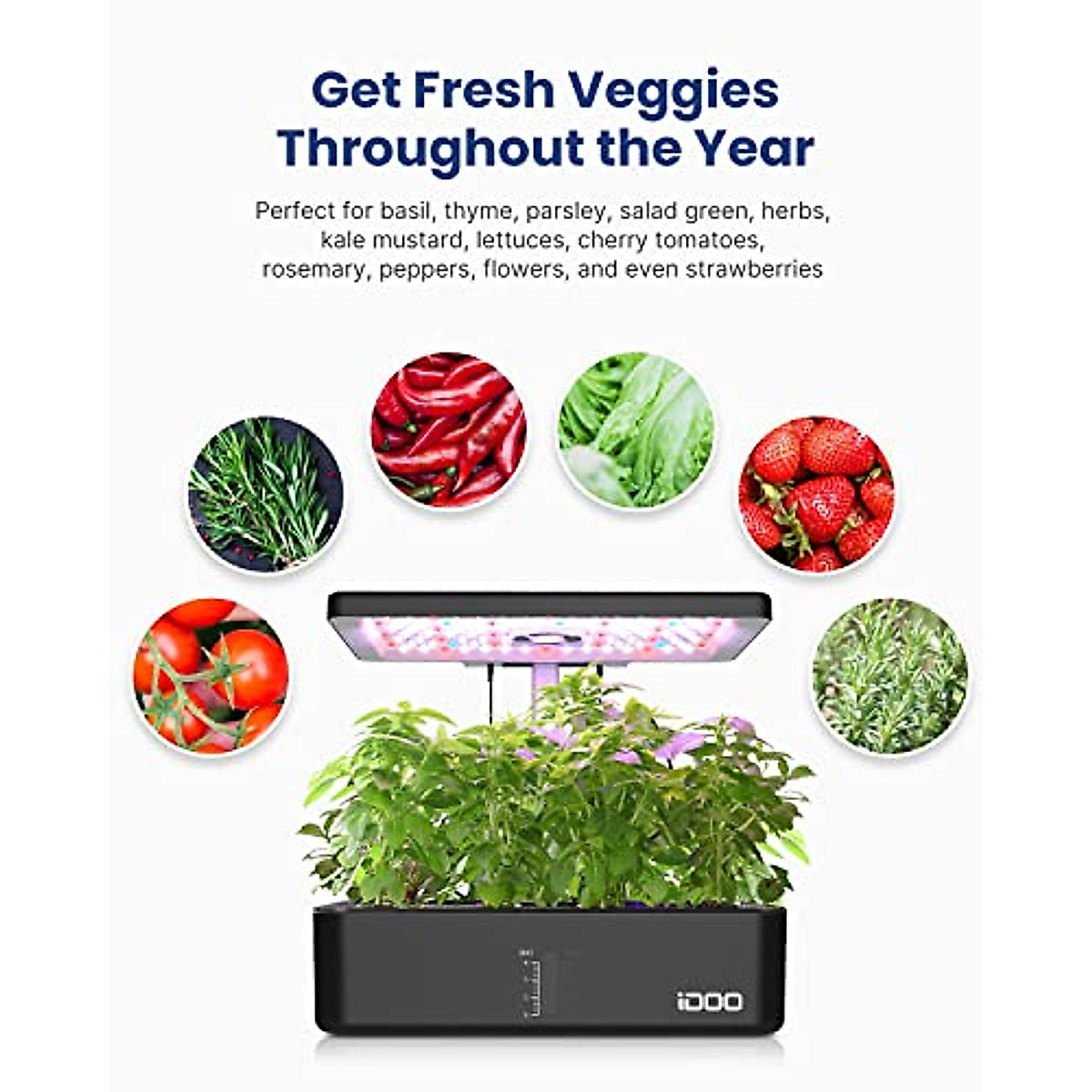 iDOO Hydroponics Growing System 12Pods, Indoor Garden with LED Grow Light, Plants Germination Kit, Built-in Fan, Automatic Timer, Adjustable Height Up to 11.3" for Home, Office