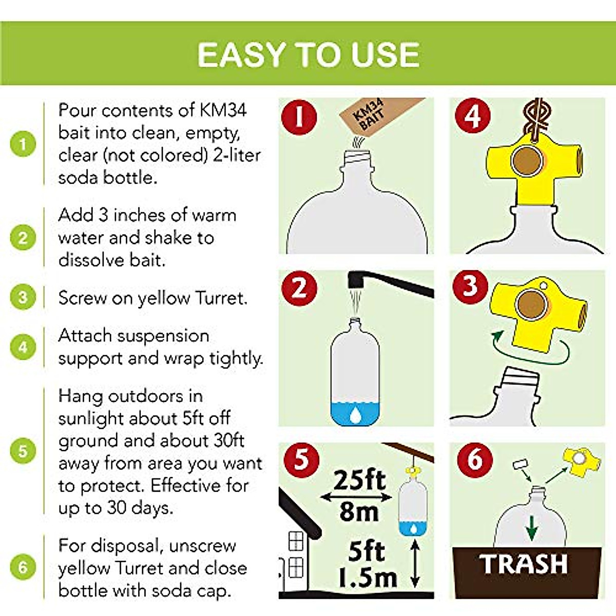 Flies Be Gone Monster Soda Bottle Fly Trap 6 Pack – Reusable Screw Tops for 2 Liter Bottles, KM34 Non-Toxic, No Poison, No Pesticide Bait - Suspension Straps - for Outdoor Use