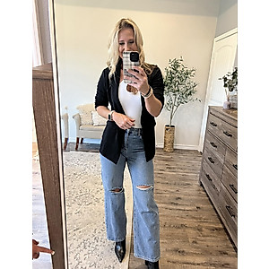 HOTOUCH Womens Casual Blazers 3/4 Stretchy Ruched Sleeve One Button Work Office Blazer Open Front Jacket S-XXXL Black