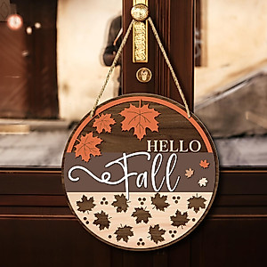 Hello Fall Maple Leaves Wooden Sign for Front Door Decor, Round Wood Hanging Sign Thanksgiving Autumn Home Decorations, Fall Harvest Wall Hanging Art Sign Plaque for Porch Yard Garden - 01