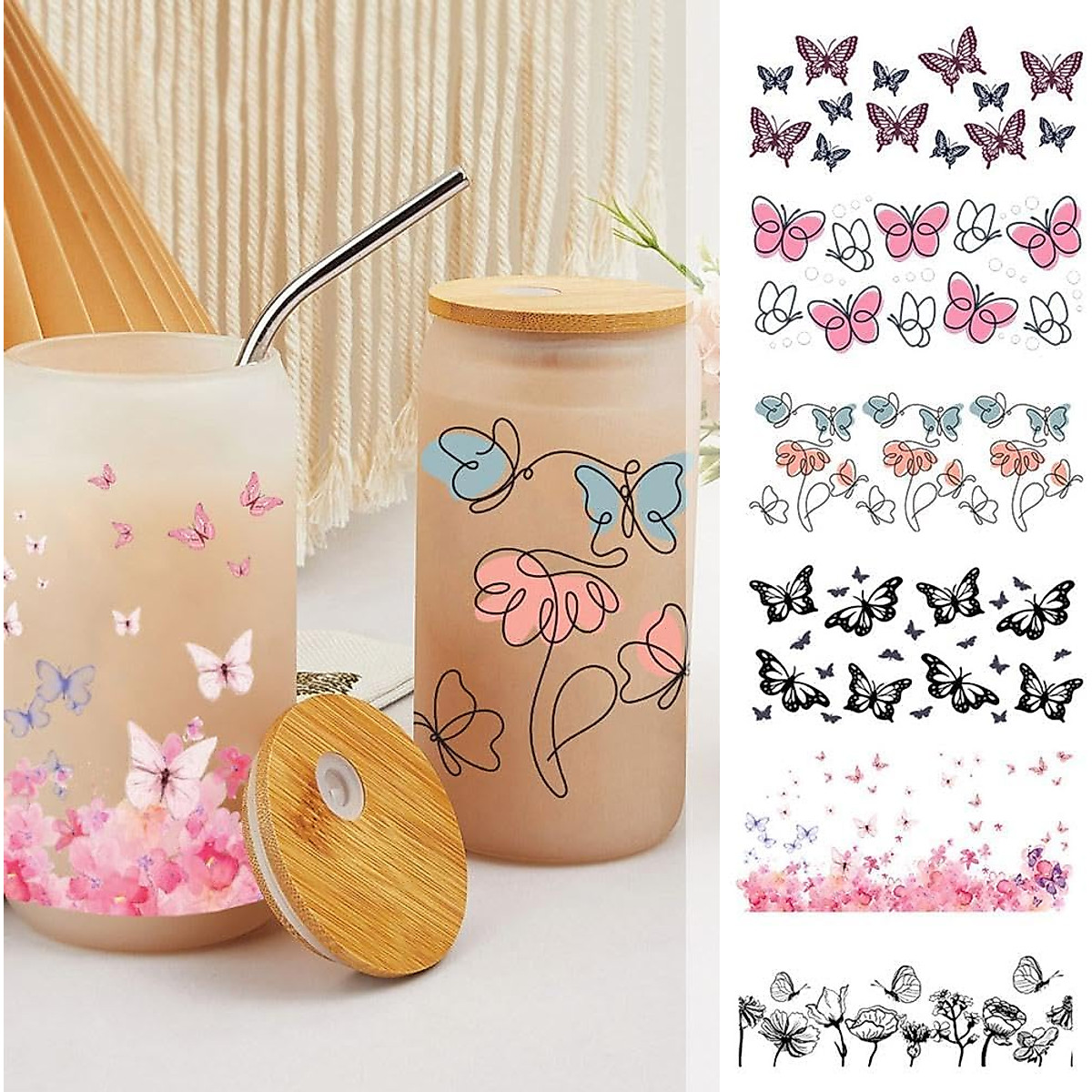 Pink UV DTF Cup Wrap, 1/7Sheets Flower Butterfly Coffee Cup Rub on Transfers for Glass Cups, UV DTF Cup Wrap Transfer Stickers Decals Waterproof Rub on Transfers for Glass Cups Crafts Vintage Iron-on