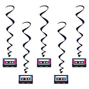 Beistle 5 Piece 80's Theme Cassette Tape Decorations Hanging Whirls Spirals for 1980's Party Supplies, 39", Multicolor