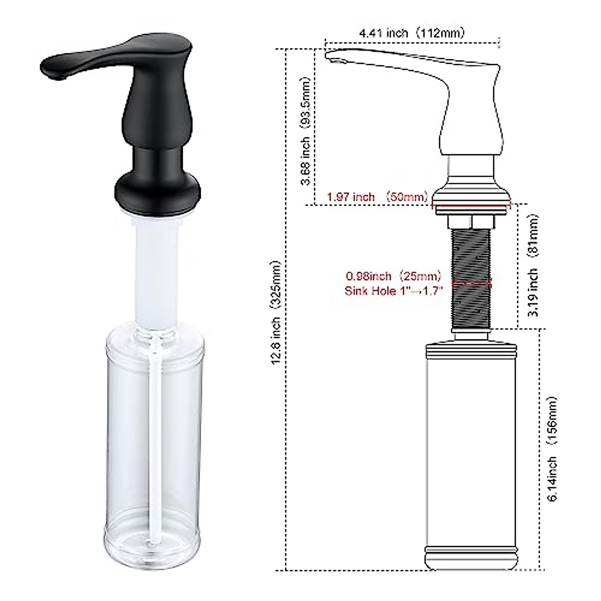 GAGALIFE Sink Soap Dispenser Matte Black, Built in Soap Dispenser with 13 OZ Bottle, Lotion Dispenser for Kitchen Sink, Refill from The Top