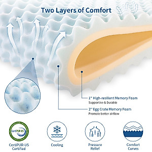Mattress Topper, 3 Inch Queen Size Egg Crate Gel Memory Foam Bed Topper with Breathable Cover, Pressure Relief, CertiPUR-US Certified