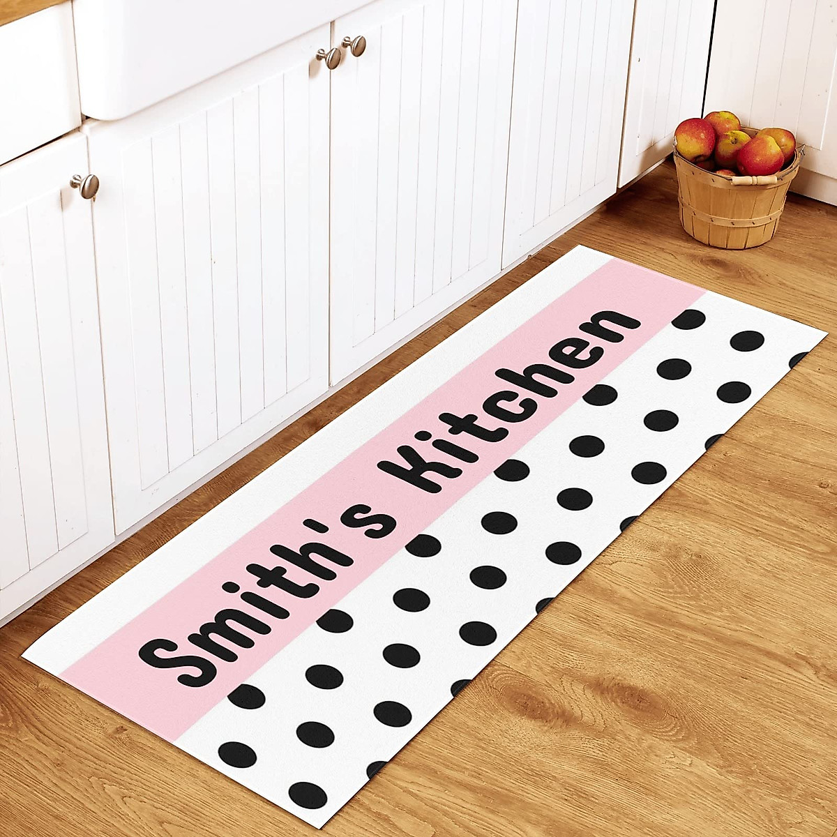 Custom Polka Dot Point Pink Black Kitchen Mats with Name Text Non Slip Soft Rubber Doormats Runner Carpets Rugs for Bathroom Bedroom Laundry Decor 48x17 Inch