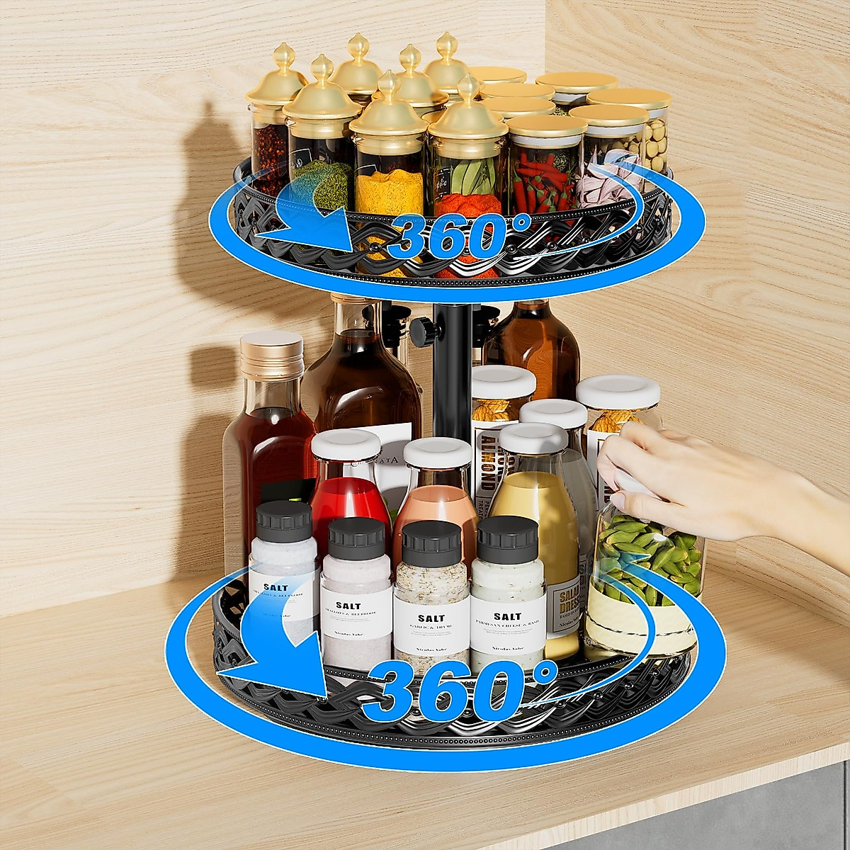 Lazy Susan Organizer Lazy Susan Turntable for Cabinet Table 2 Tier Lazy Susan Spice Rack Organizer 12 Inch Adjustable Height for Kitchen Dining Table Bathroom Vanity with Non-Slip Pad Black Metal