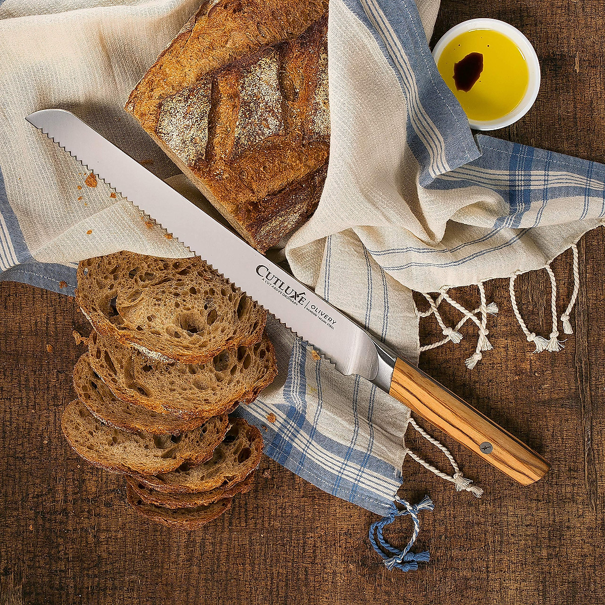 CUTLUXE Bread Knife – 10" Serrated Kitchen Knife – Olive Wood Handle – Full Tang – Olivery Series