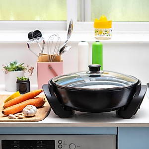 Moss & Stone Round Nonstick Electric Skillet With Lid, Aluminum 12 Inch Electric Frying Pan, 2 Layers Of Non-Stick Coating, Adjustable Temperature Control, Lid With Steam Vent, Electric Deep Skillet