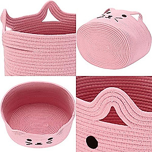 Sea Team Large Cotton Rope Storage Basket with Handles, Woven Storage Bin, Nursery Storage Box, Toys Clothes Organizer, Fabric Pet Storage Basket, Nest for Cat, Dog, 16.5 x 11.8 x 11 inches, Pink