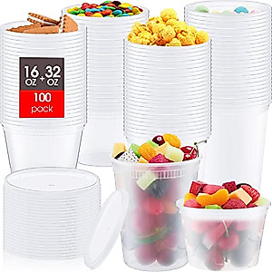 100 Sets 16 oz 32 oz Deli Containers with Lids Plastic Airtight Food Storage Containers Leakproof Disposable Take out Deli Cups Freezer Storage Containers for Food Soup, Microwave and Dishwasher Safe