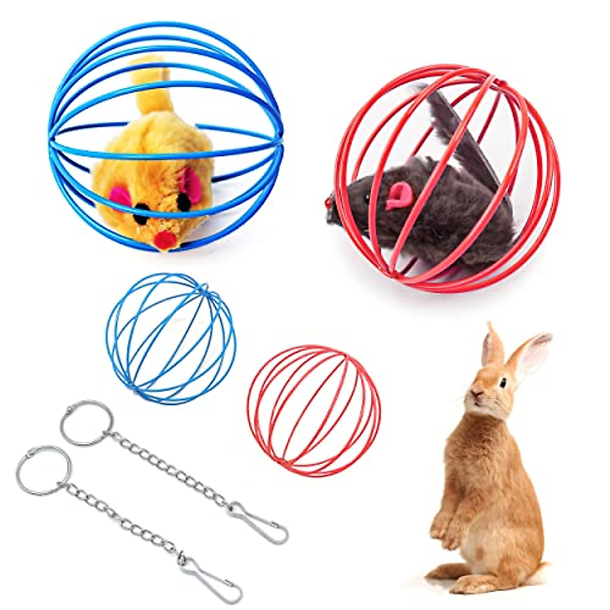 2PCS Rabbit Hay Feeder Ball, Bunny Grass Sphere Play Chew Toy, 2-in-1 Hay Manger Dispenser for Chinchillas, Guinea Pigs, Hamsters, Small Animals Blue, Red