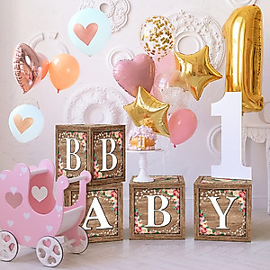 Floral Baby Shower Box Birthday Party Decoration Balloon Blocks First Birthday Centerpiece Decor for Girls Wood Grain Base Gender Reveal Party Supplies (Floral-Box-01)…