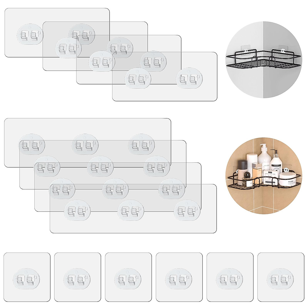 Qianyu 14 Pack Clear Shower Caddy Strong Adhesive Replacement Stickers Waterproof No Drilling Hooks Corner for Shelf Basket Kitchen Racks Bathroom Wall Hanging Shelves Storage Room Soap Holder