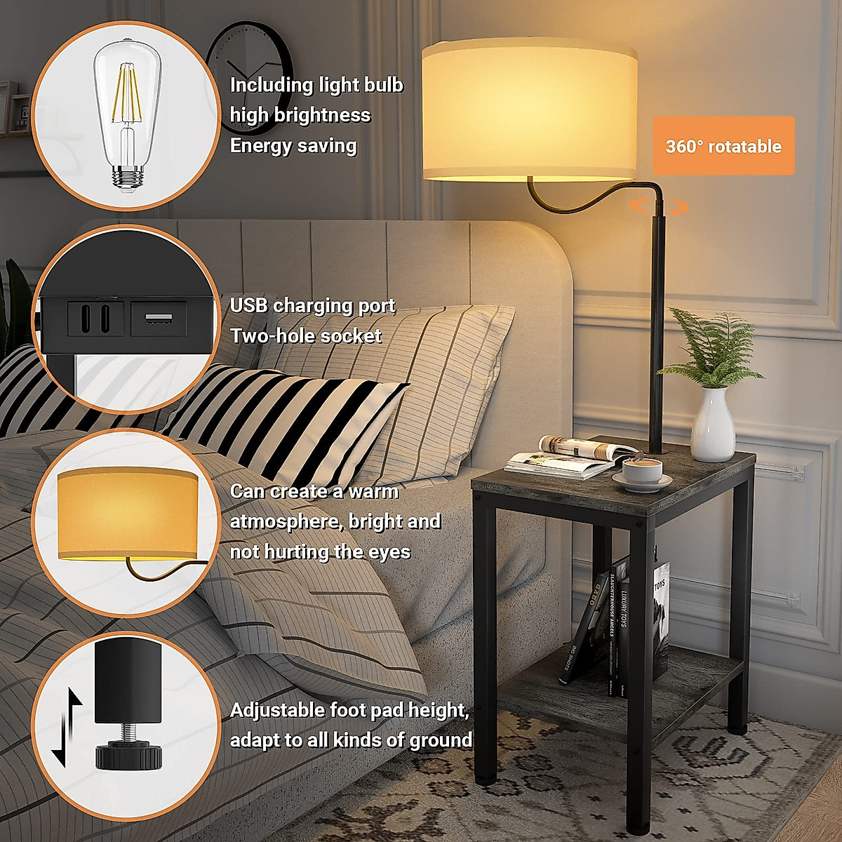 LityMax LED Floor Lamp with Table - End Table with USB Charging Port, Power Outlet, Bedside Nightstand Shelves, Side Table with Reading Standing Light for Living Room, Black Oak, Bulb Included, 2 Pack