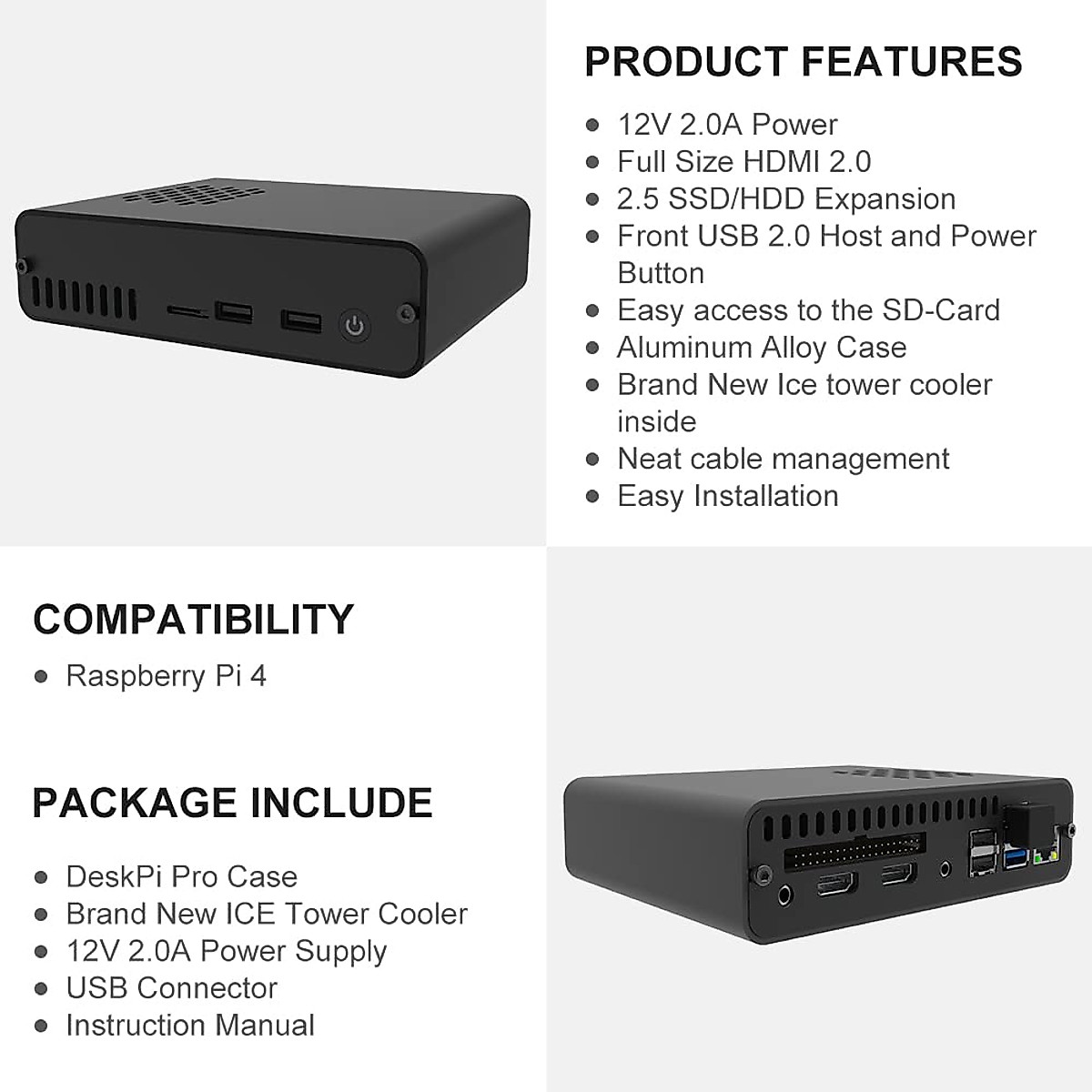 GeeekPi DeskPi Pro V2 2.5'' SATA HDD/SSD NAS Storage Kit for Raspberry Pi 4, Set-Top Box with ICE Tower Cooler & Power Supply for Raspberry Pi 4 Model B (NOT Include Raspberry Pi Board)