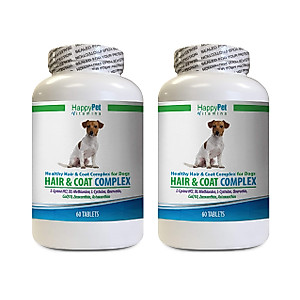 HAPPY PET VITAMINS LLC Healthy Coat for Dogs Food - Dog Hair and Coat Health Complex - Healthy Skin and Nails - Itch Relief - Powerful - Dog Mineral Supplement - 120 Treats (2 Bottles)