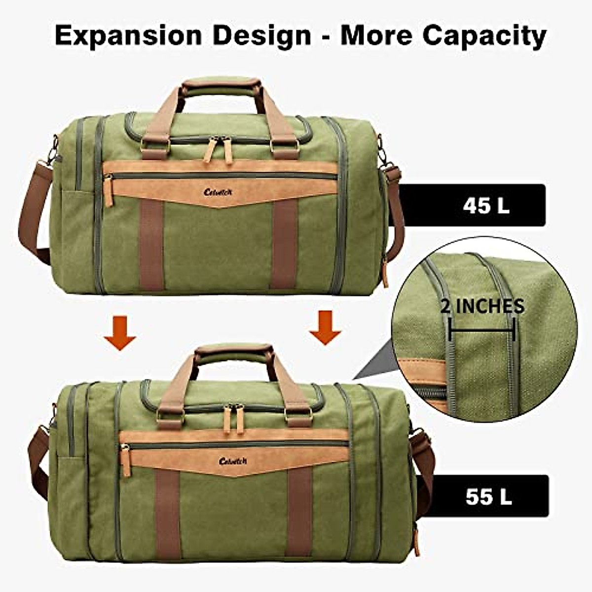 Celvetch Canvas Duffle Bag for Travel - 45L Duffle Bag for Men Travel Duffel Bag Weekender Overnight Bag with Shoe Compartment Mens Travel Bag - Army Green