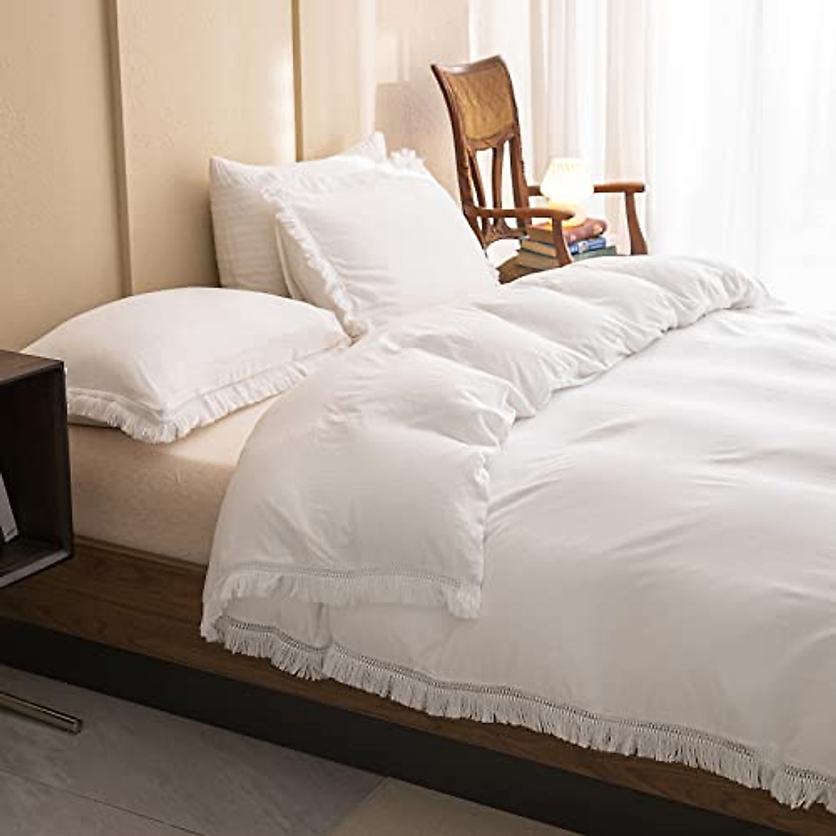 White Bedding Queen Boho Duvet Cover Set Shabby Chic Home Decor Tufted Tassel Beding Bohemian Farmhouse Bedding Set 1 Duvet Cover 2 Pillowcases (White, Queen)