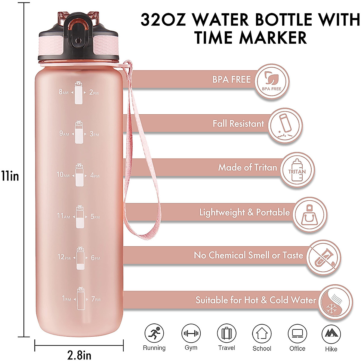 GOSWAG 32 oz Water Bottle with Straw & Time Marker, Leakproof BPA Free, Drinking Water Bottle with Hours, Carry Strap, Fits in The Cup, Backpack, Increase Water Intake of All-Day (Lotus)