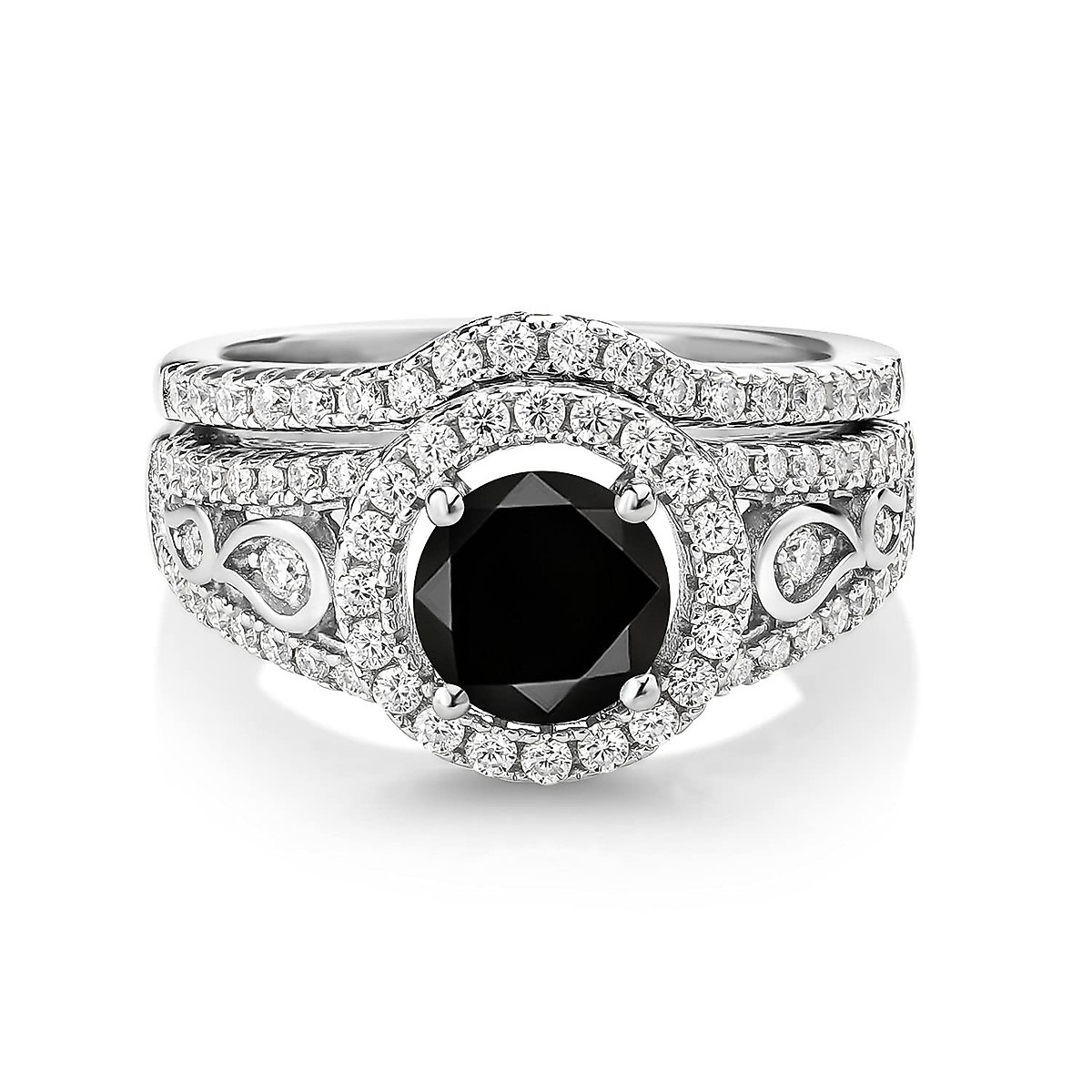 Gem Stone King 925 Sterling Silver Round Black Diamond and White Moissanite Wedding Engagement Ring Band Bridal Set For Women (1.84 Cttw, Available In Size 5, 6, 7, 8, 9)