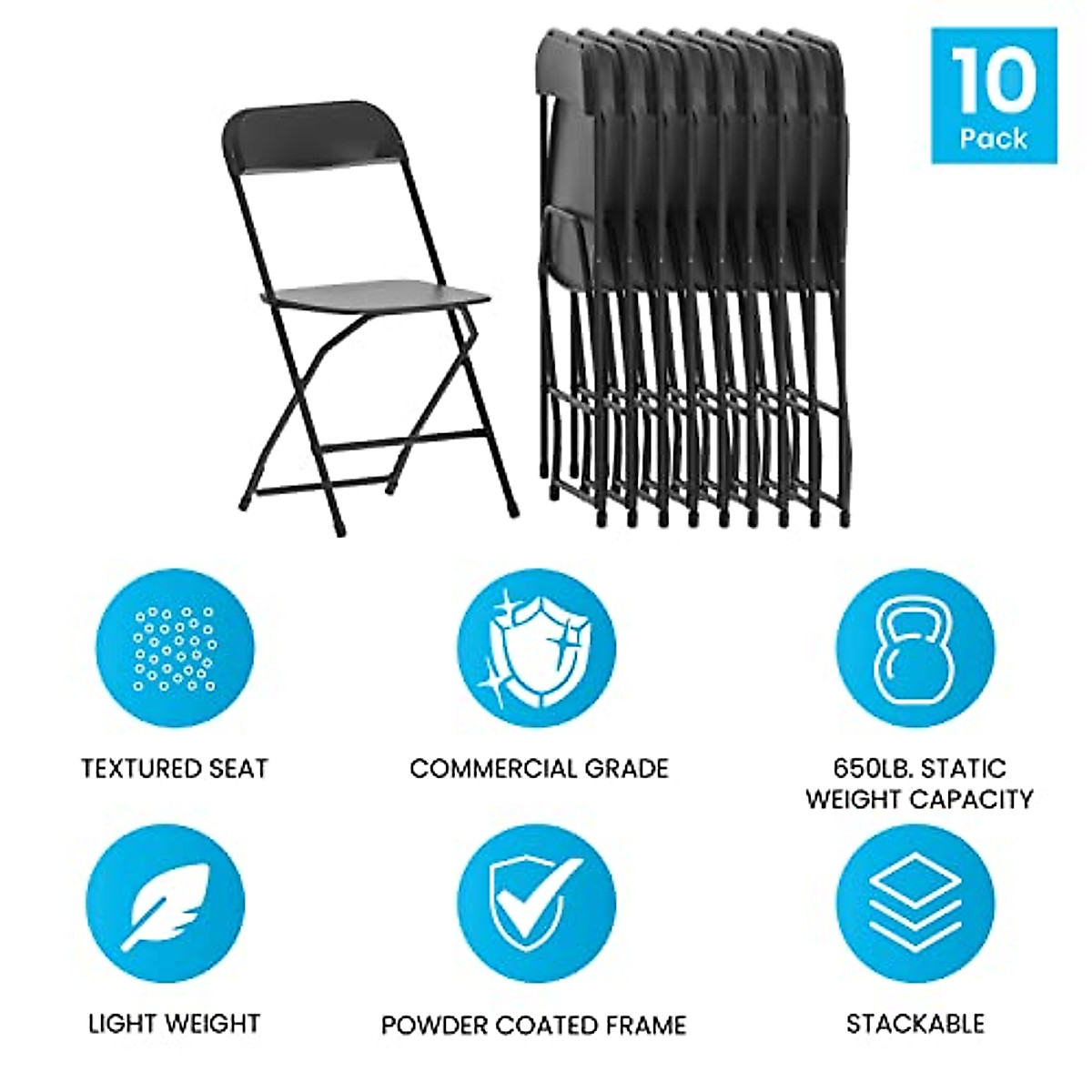 Flash Furniture Hercules Plastic Folding Chair - Black (10 Pack) | Lightweight, Durable, and Comfortable Event Chair | 650LB Weight Capacity