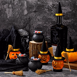 36 Pcs Halloween Witch Hats, Red Cauldron Kettles, and Brooms Set - Mini Witches Accessory for Costume, Cosplay Party Decorations