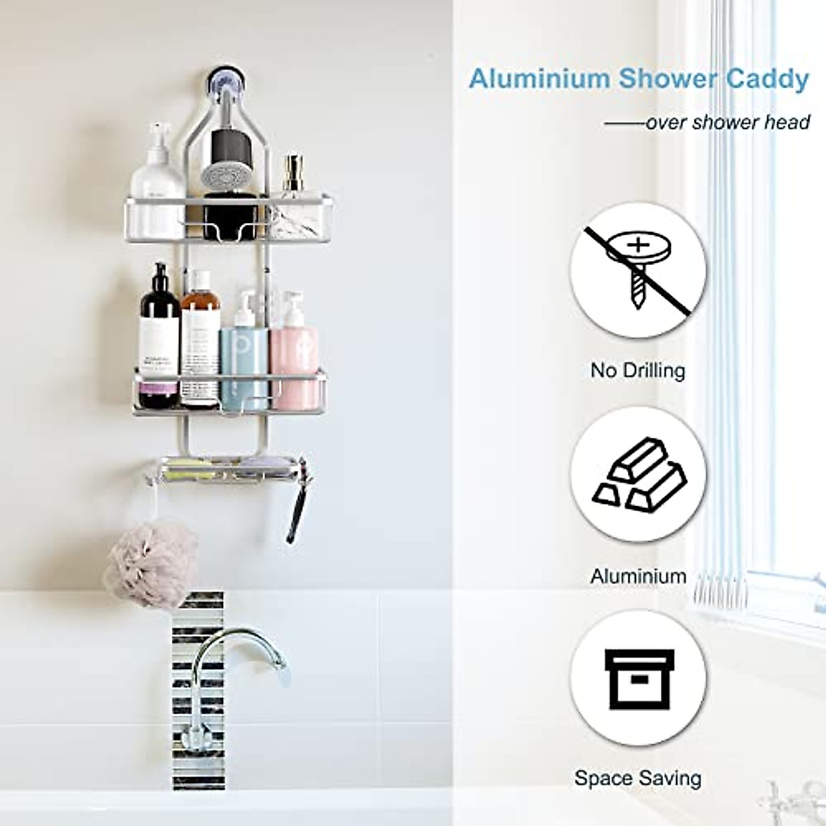 smusei Shower Caddy Over Shower Head Aluminum Shower Organizer Hanging Bathroom Shower Shelves for Inside Shower 3 Tier Shower Racks with Hooks and Shampoo Soap Razor Holder - Silver