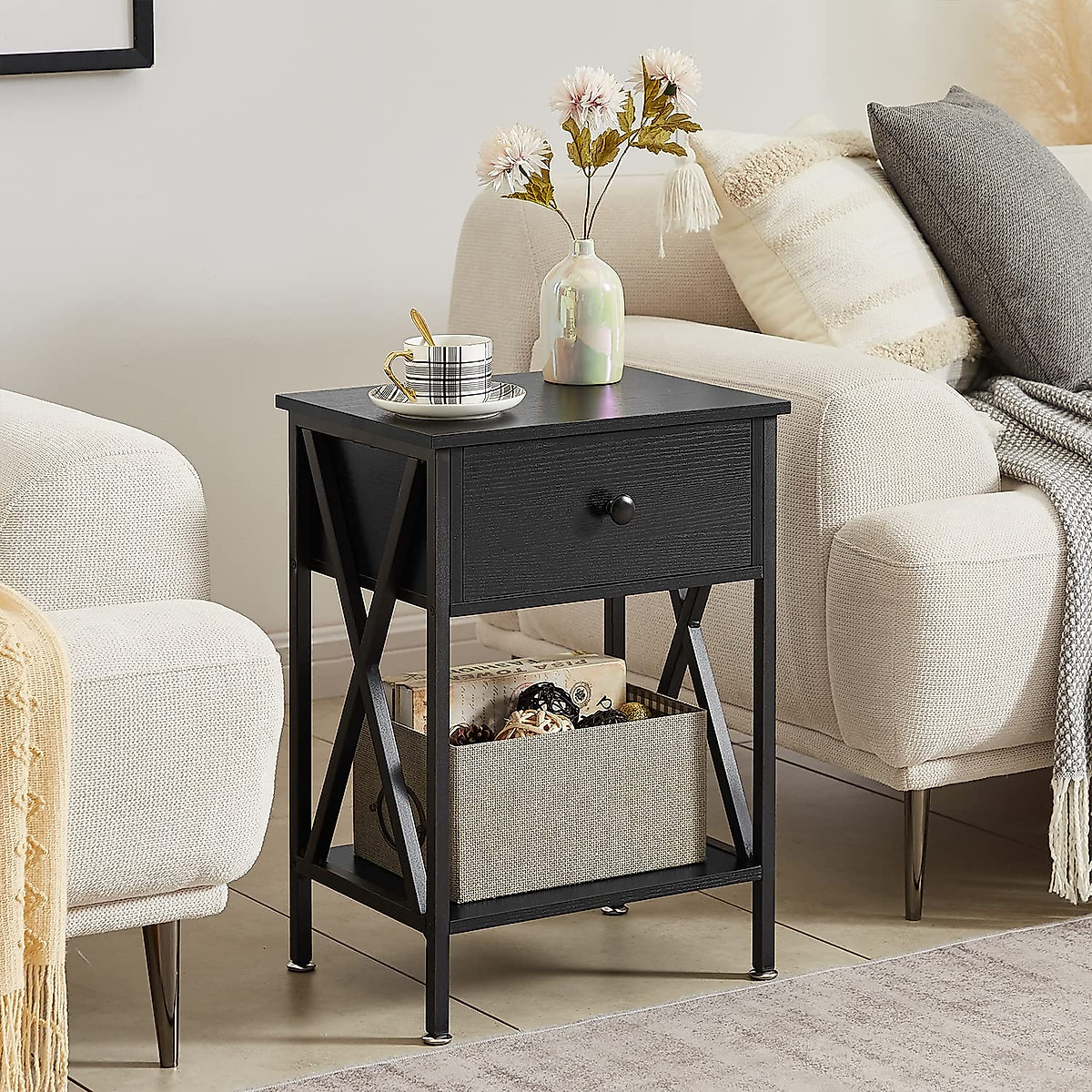 VECELO Modern Side End Table, Nightstand Storage Shelf with Bin Drawer for Bedroom, Lounge